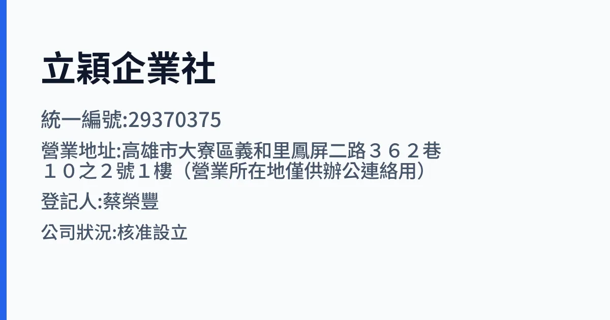 立穎企業社 - 統編 29370375(高雄市) 公司登記資料與營業項目詳細圖表