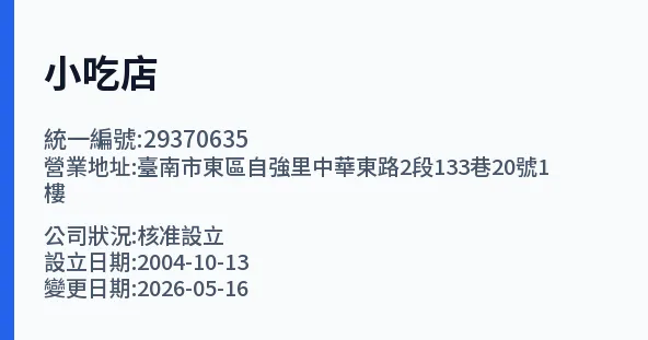 小吃店的照片-統編 29370635(臺南市) 公司登記資料與營業項目詳細圖表