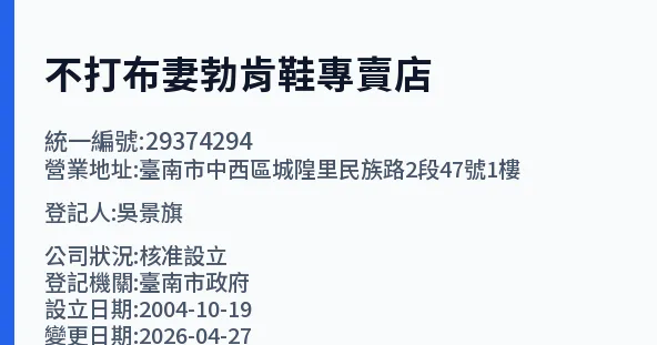 不打布妻勃肯鞋專賣店的照片-統編 29374294(臺南市) 公司登記資料與營業項目詳細圖表