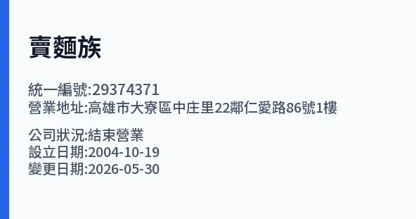 賣麵族的照片-統編 29374371(高雄市) 公司登記資料與營業項目詳細圖表