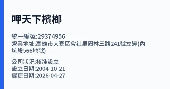 呷天下檳榔的照片-統編 29374956(高雄市) 公司登記資料與營業項目詳細圖表