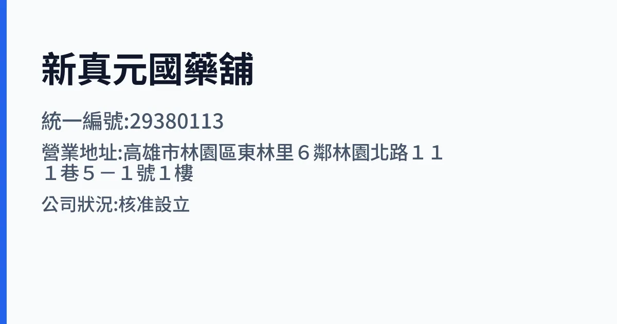 新真元國藥舖 - 統編 29380113(高雄市) 公司登記資料與營業項目詳細圖表