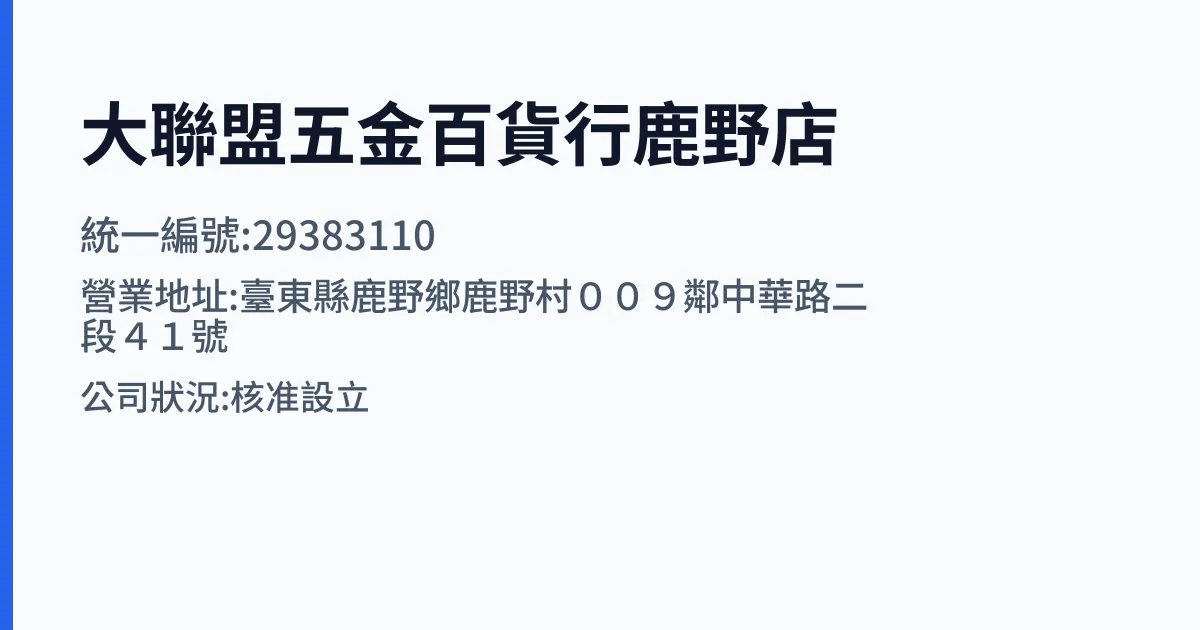 大聯盟五金百貨行鹿野店 - 統編 29383110(臺東縣) 公司登記資料與營業項目詳細圖表
