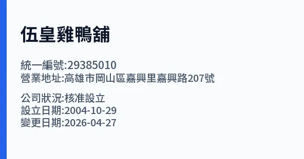 伍皇雞鴨舖的照片-統編 29385010(高雄市) 公司登記資料與營業項目詳細圖表