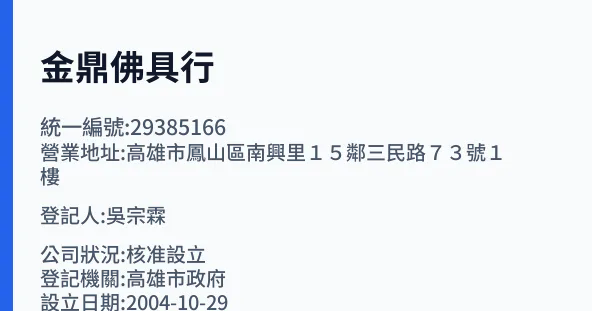 金鼎佛具行的照片-統編 29385166(高雄市) 公司登記資料與營業項目詳細圖表