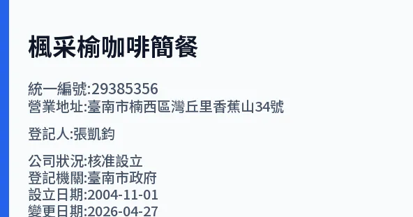 楓采榆咖啡簡餐的照片-統編 29385356(臺南市) 公司登記資料與營業項目詳細圖表