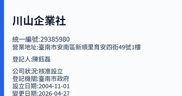 川山企業社的照片-統編 29385980(臺南市) 公司登記資料與營業項目詳細圖表