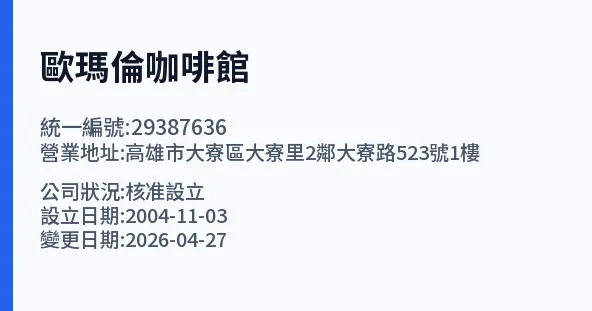歐瑪倫咖啡館的照片-統編 29387636(高雄市) 公司登記資料與營業項目詳細圖表