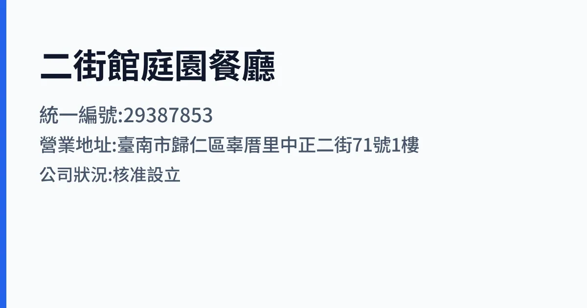 二街館庭園餐廳 - 統編 29387853(臺南市) 公司登記資料與營業項目詳細圖表