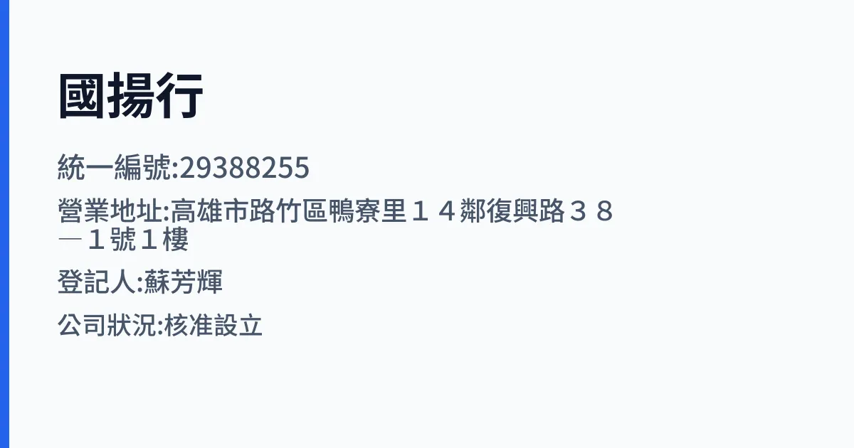 國揚行 - 統編 29388255(高雄市) 公司登記資料與營業項目詳細圖表