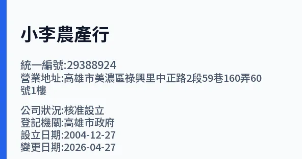 小李農產行的照片-統編 29388924(高雄市) 公司登記資料與營業項目詳細圖表