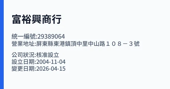 富裕興商行的照片-統編 29389064(屏東縣) 公司登記資料與營業項目詳細圖表