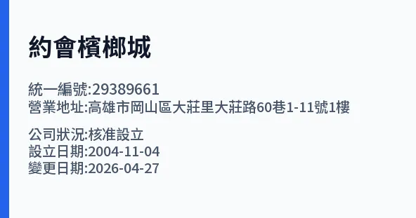 約會檳榔城的照片-統編 29389661(高雄市) 公司登記資料與營業項目詳細圖表