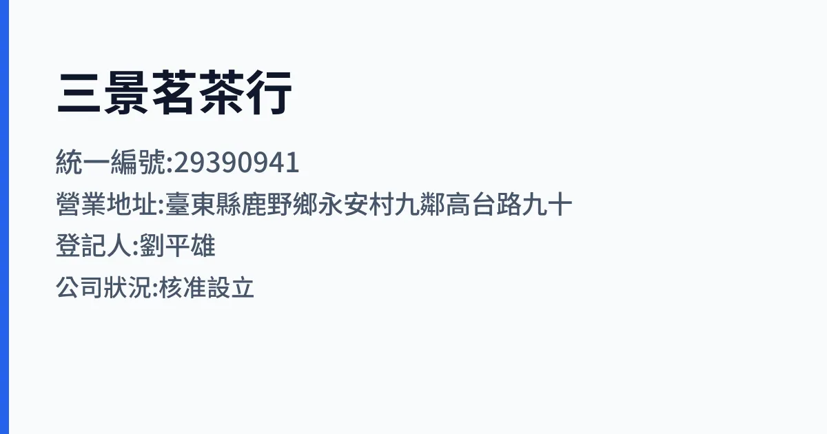 三景茗茶行 - 統編 29390941（臺東縣） 公司登記資料與營業項目詳細圖表