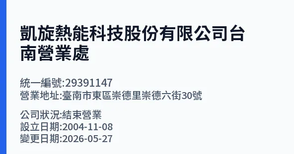 凱旋熱能科技股份有限公司台南營業處的照片-統編 29391147(臺南市) 公司登記資料與營業項目詳細圖表