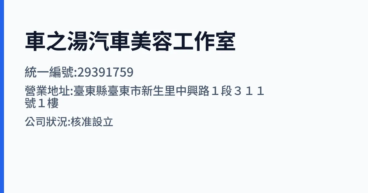 車之湯汽車美容工作室 - 統編 29391759(臺東縣) 公司登記資料與營業項目詳細圖表