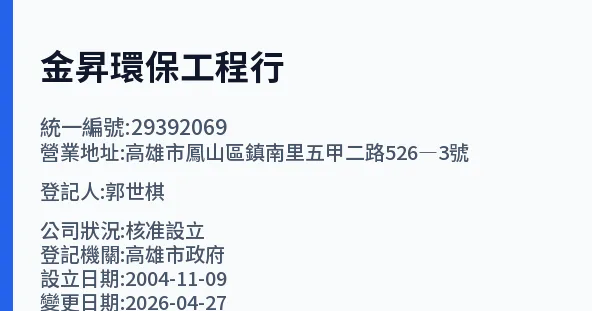 金昇環保工程行的照片-統編 29392069(高雄市) 公司登記資料與營業項目詳細圖表