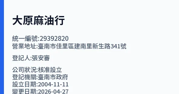大原麻油行的照片-統編 29392820(臺南市) 公司登記資料與營業項目詳細圖表