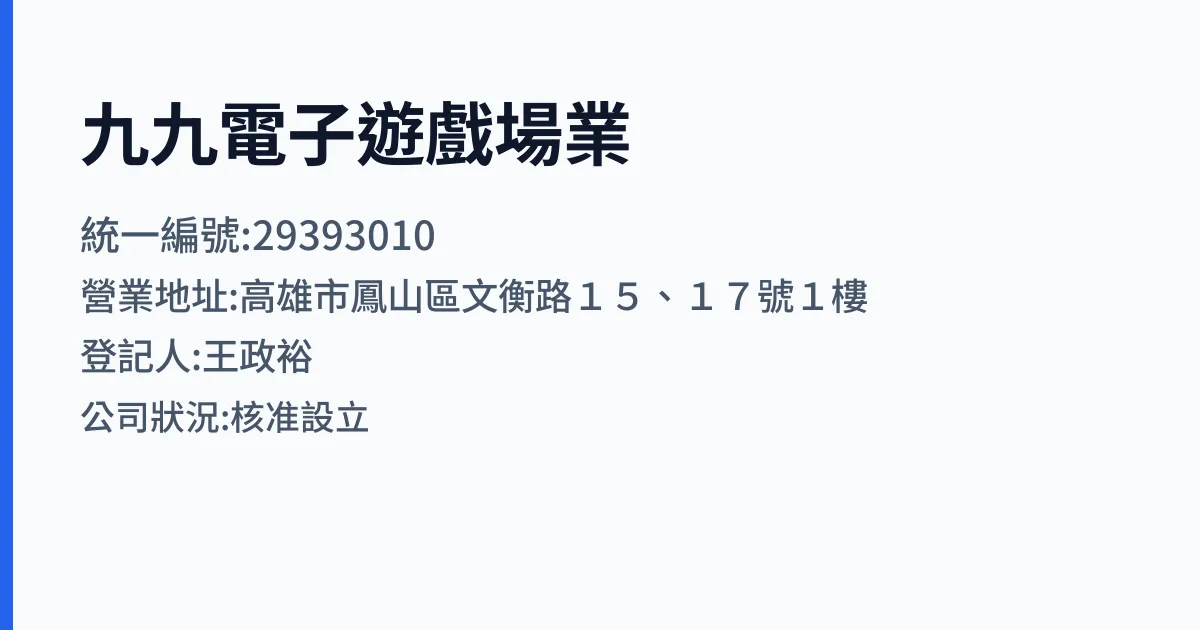九九電子遊戲場業 - 統編 29393010(高雄市) 公司登記資料與營業項目詳細圖表