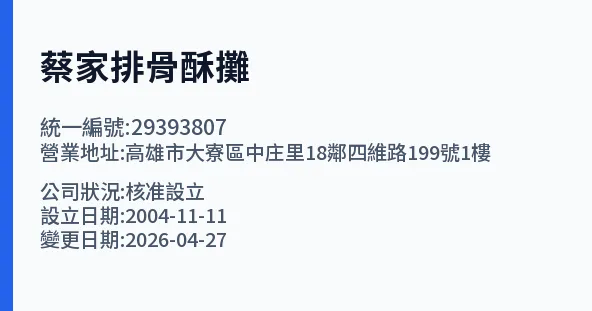 蔡家排骨酥攤的照片-統編 29393807(高雄市) 公司登記資料與營業項目詳細圖表
