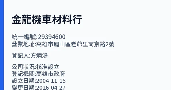 金龍機車材料行的照片-統編 29394600(高雄市) 公司登記資料與營業項目詳細圖表