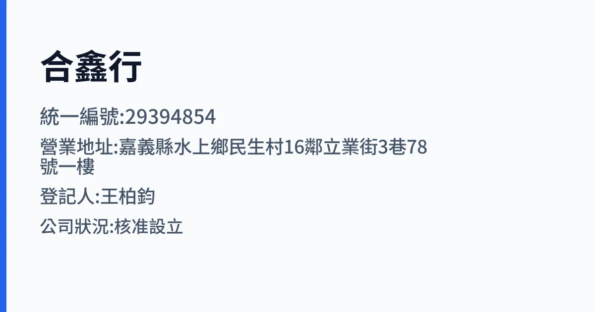 合鑫行 - 統編 29394854(嘉義縣) 公司登記資料與營業項目詳細圖表