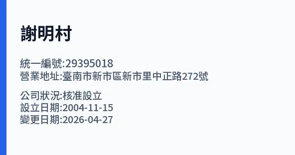 謝明村的照片-統編 29395018(臺南市) 公司登記資料與營業項目詳細圖表
