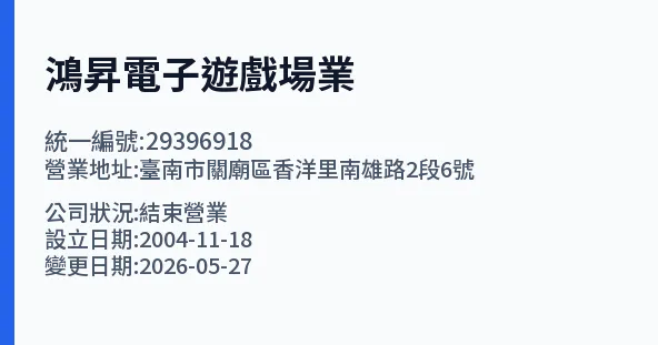 鴻昇電子遊戲場業的照片-統編 29396918(臺南市) 公司登記資料與營業項目詳細圖表