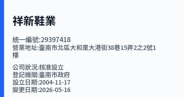 祥新鞋業的照片-統編 29397418(臺南市) 公司登記資料與營業項目詳細圖表