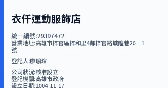 衣仟運動服飾店的照片-統編 29397472(高雄市) 公司登記資料與營業項目詳細圖表