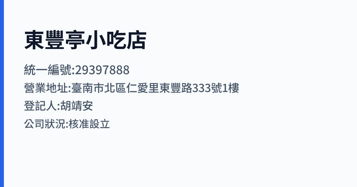 東豐亭小吃店 - 統編 29397888(臺南市) 公司登記資料與營業項目詳細圖表