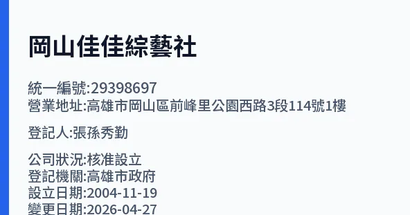 岡山佳佳綜藝社的照片-統編 29398697(高雄市) 公司登記資料與營業項目詳細圖表