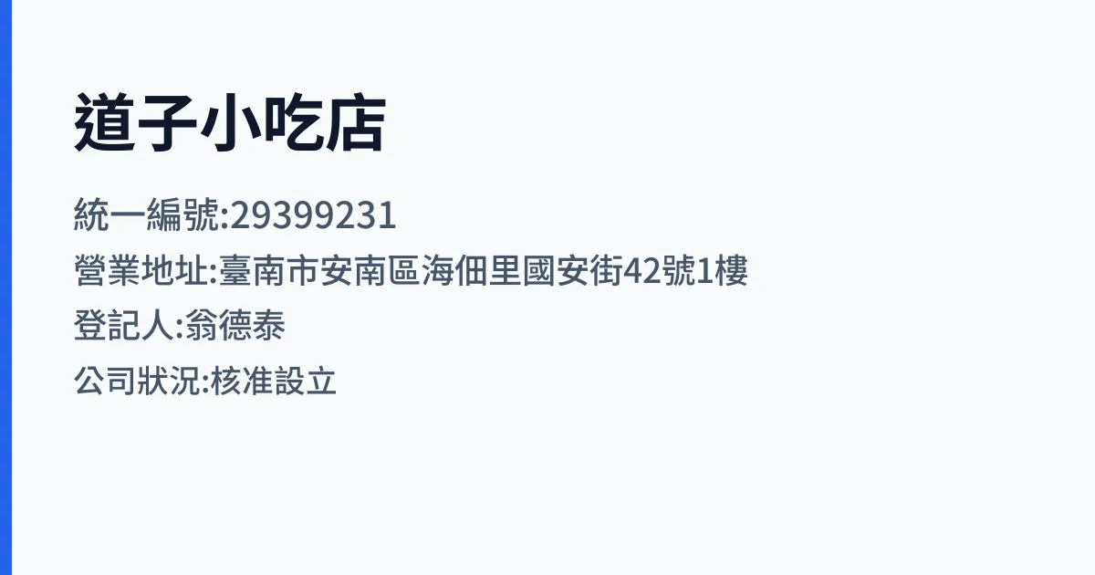 道子小吃店 - 統編 29399231(臺南市) 公司登記資料與營業項目詳細圖表