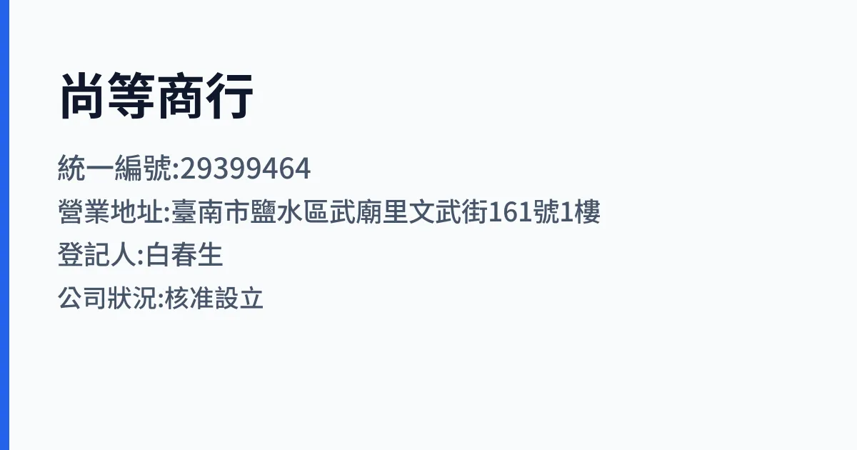 尚等商行 - 統編 29399464(臺南市) 公司登記資料與營業項目詳細圖表