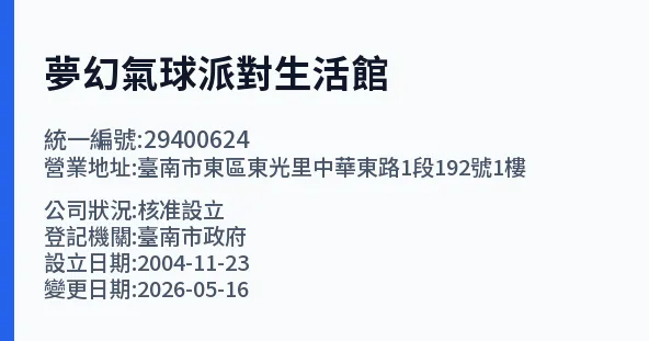 夢幻氣球派對生活館的照片-統編 29400624(臺南市) 公司登記資料與營業項目詳細圖表