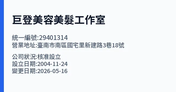 巨登美容美髮工作室的照片-統編 29401314(臺南市) 公司登記資料與營業項目詳細圖表