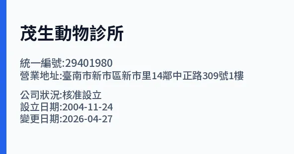 茂生動物診所的照片-統編 29401980(臺南市) 公司登記資料與營業項目詳細圖表