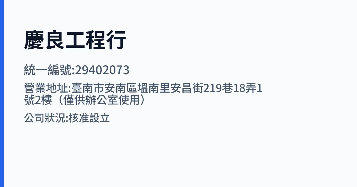 慶良工程行 - 統編 29402073(臺南市) 公司登記資料與營業項目詳細圖表