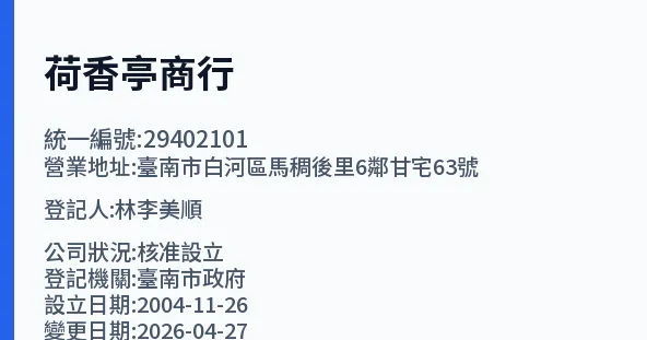 荷香亭商行的照片-統編 29402101(臺南市) 公司登記資料與營業項目詳細圖表