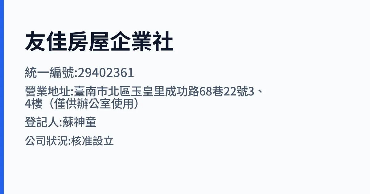 友佳房屋企業社 - 統編 29402361(臺南市) 公司登記資料與營業項目詳細圖表