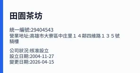 田園茶坊的照片-統編 29404543(高雄市) 公司登記資料與營業項目詳細圖表