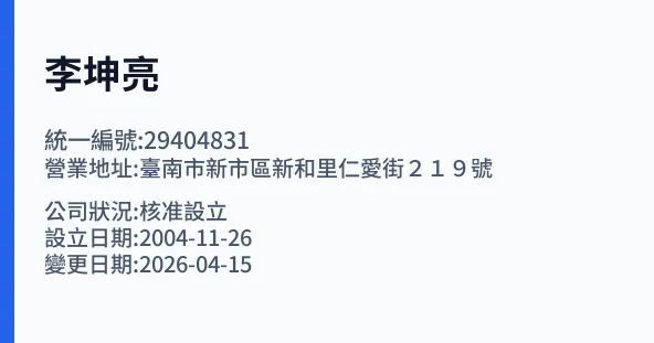 李坤亮的照片-統編 29404831(臺南市) 公司登記資料與營業項目詳細圖表