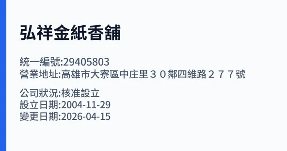 弘祥金紙香舖的照片-統編 29405803(高雄市) 公司登記資料與營業項目詳細圖表