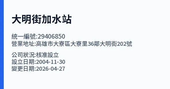 大明街加水站的照片-統編 29406850(高雄市) 公司登記資料與營業項目詳細圖表