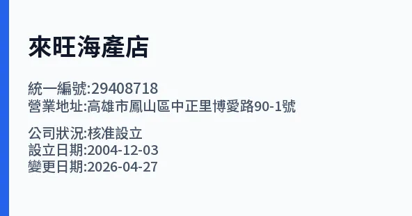 來旺海產店的照片-統編 29408718(高雄市) 公司登記資料與營業項目詳細圖表