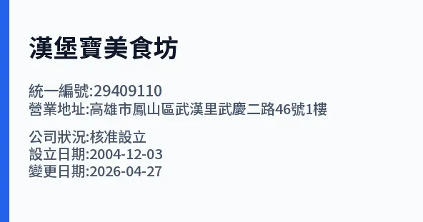 漢堡寶美食坊的照片-統編 29409110(高雄市) 公司登記資料與營業項目詳細圖表