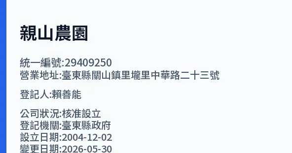親山農園的照片-統編 29409250(臺東縣) 公司登記資料與營業項目詳細圖表