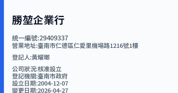 勝堃企業行的照片-統編 29409337(臺南市) 公司登記資料與營業項目詳細圖表