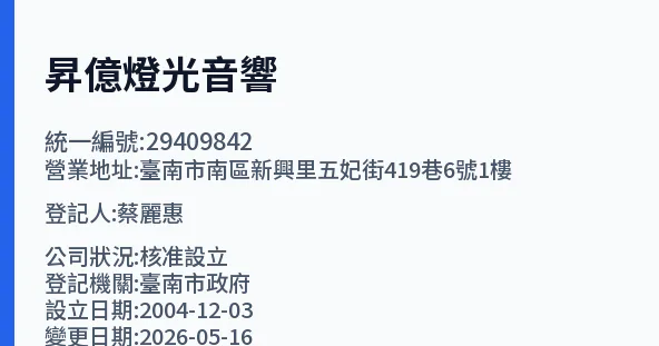 昇億燈光音響的照片-統編 29409842(臺南市) 公司登記資料與營業項目詳細圖表
