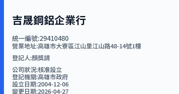 吉晟鋼鋁企業行的照片-統編 29410480(高雄市) 公司登記資料與營業項目詳細圖表